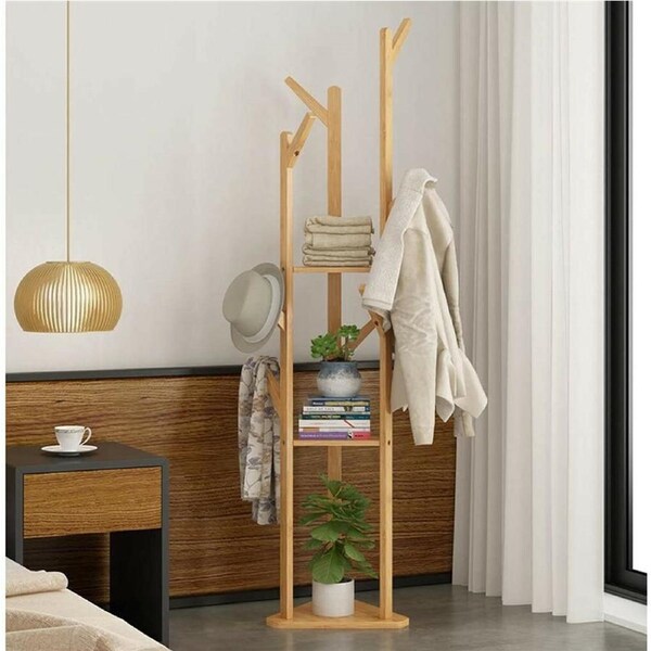 Fin Bamboo Floor Standing Coat Rack Clothes Tree Stand With Shelf ...