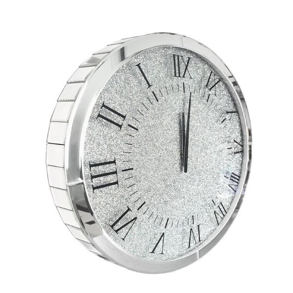 Fin Large Silver Wall Clock Twinkle Crushed Diamond Mirrored Clock With ...