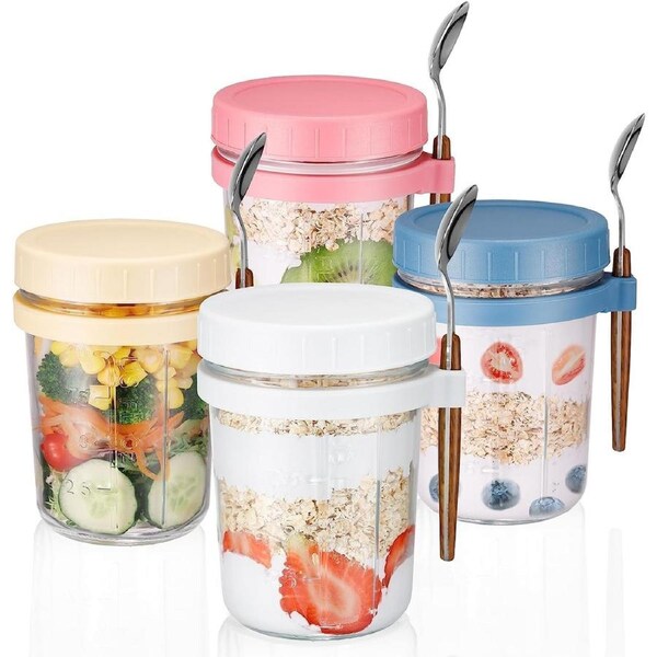 4 Pack Overnight Oats Containers with Lids and Spoons, 16 oz Large Capacity Glass Mason Jars ...