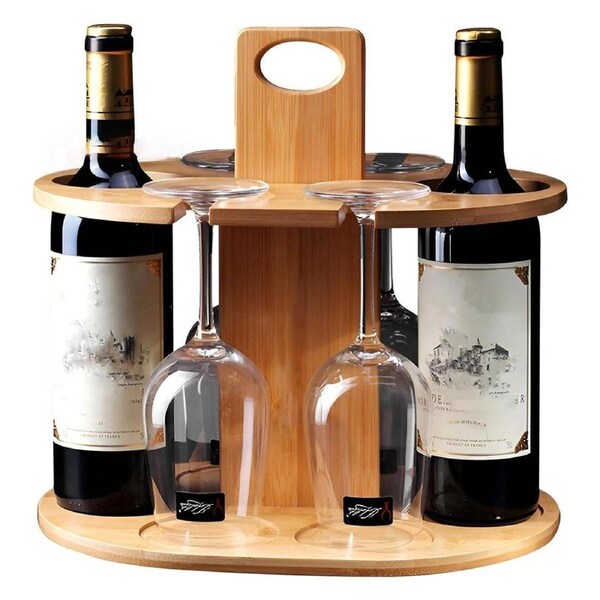Wooden Wine Rack Free Standing 2Bottles with 4Glasses Holder Bamboo ...