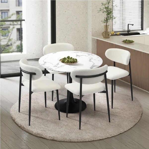 Oikiture 90cm Round Dining Table with 4x Dining Chairs Boucle White ...
