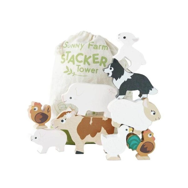 10pc Le Toy Van Wooden Petilou Farm Stacking Animals w/ Bag Kids Play ...