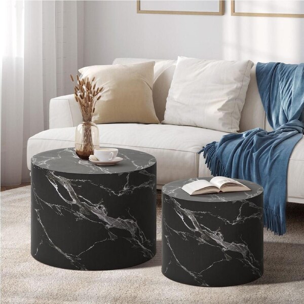 Oikiture Coffee Table Set of 2 Round Side Tables Sofa Cafe Marble ...