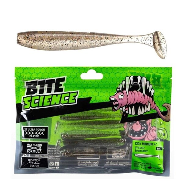6 Pack of 4 Inch Bite Science Kick Minnow Soft Plastic Lures - UV Smelt ...