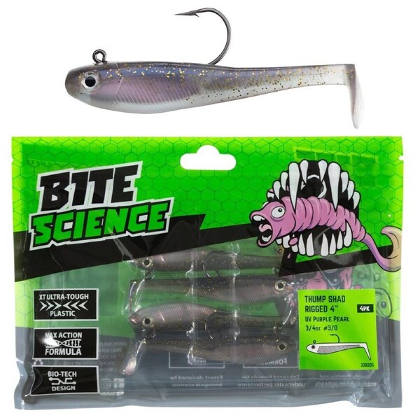 4 Pack of 4 Inch Bite Science Thump Shad Soft Plastic Lures - UV Purple ...
