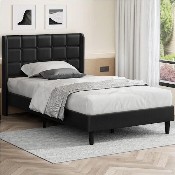 ALFORDSON Bed Frame King Single Upholstered Wingback Base Black Leather ...