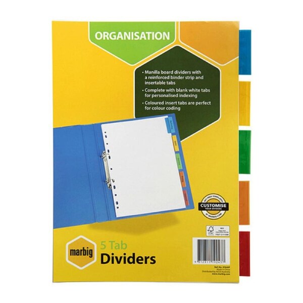 Marbig Indices & Divider 5 Insert Tab Manil A4 Col | Woolworths