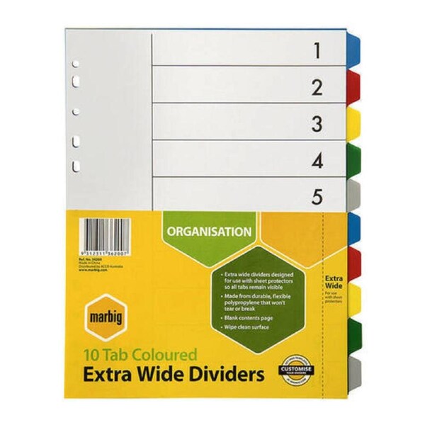 Marbig Indices & Dividers 10 Tab Pp A4 Extra Wide | Woolworths