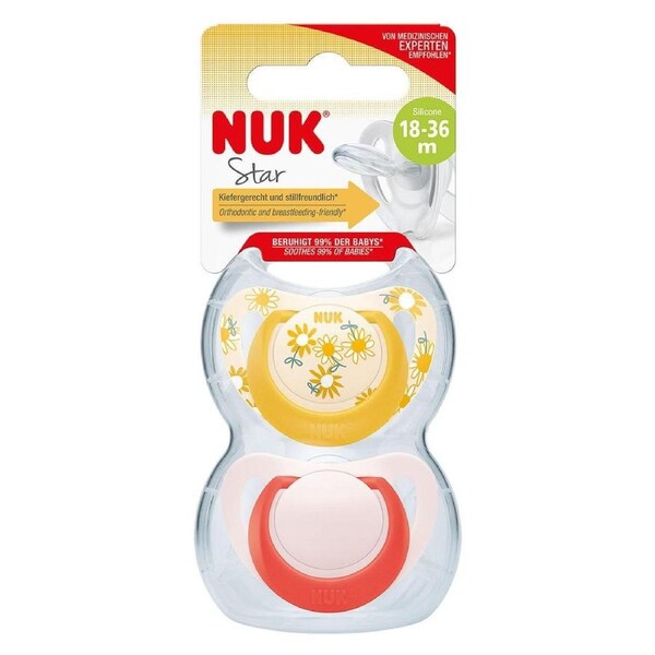 NUK Star Silicone Baby Dummy Yellow Flowers 18-36 Months 2 Pack ...
