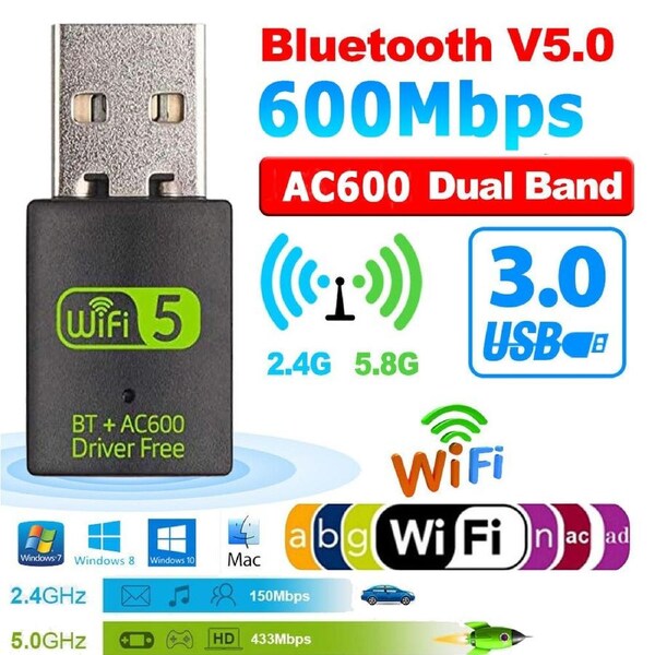USB WiFi Bluetooth Adapter, 600Mbps Dual Band 2.4/5Ghz Wireless Network ...