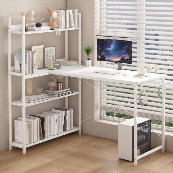 Advwin 120cm L Shaped Computer Desk with Reversible Storage Shelves ...
