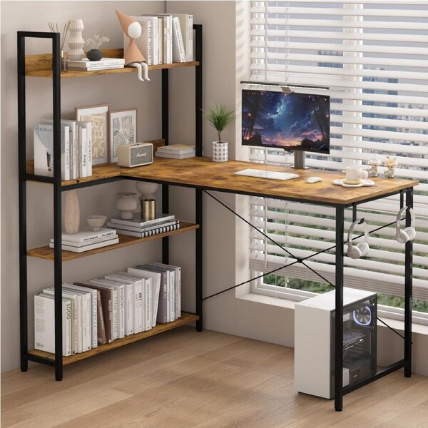 Advwin 120cm L Shaped Computer Desk with Reversible Storage Shelves ...