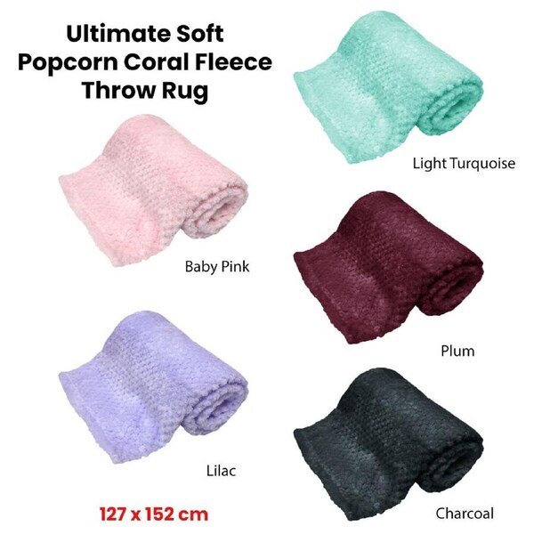 180GSM Soft Popcorn Coral Fleece Throw Rug 127 x 152cm Charcoal ...