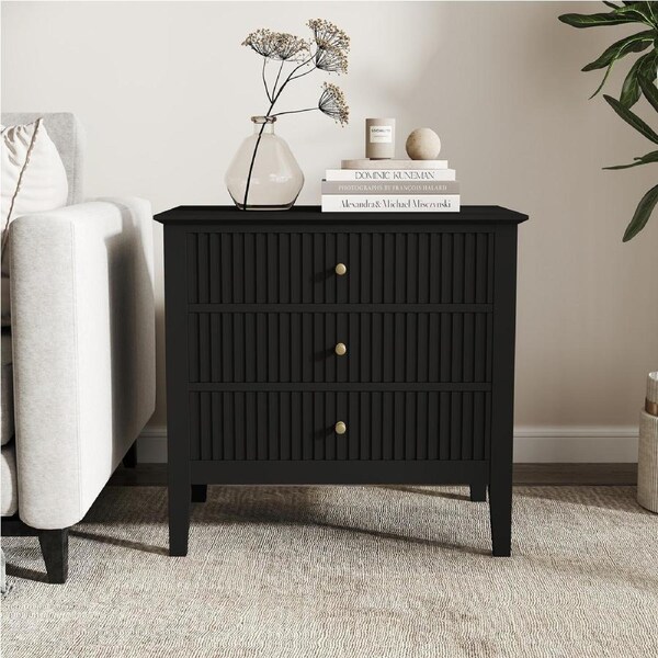 Zara Fluted WIDE 3 Drawer Bedside Table - Black | Woolworths