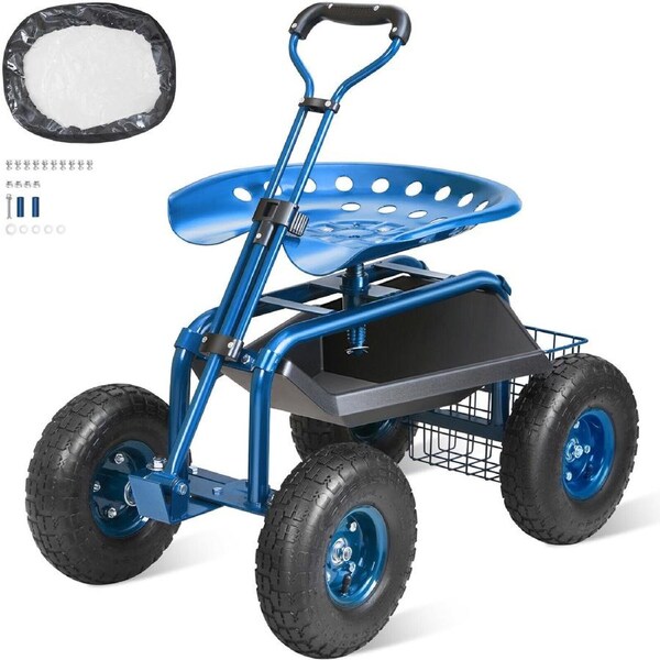 Adjustable Garden Cart with Swivel Seat, Wheels, and Storage - Blue ...