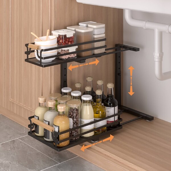 Black 2-Tier Kitchen Under Sink Organiser Storage with Height ...