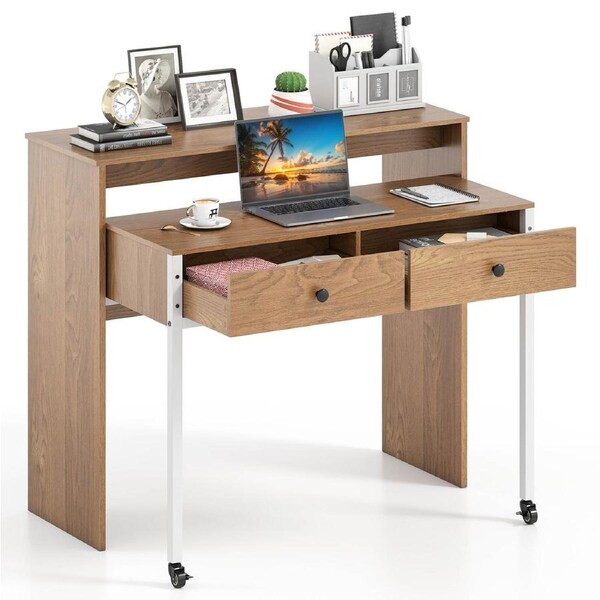 Costway Extendable Computer Desk w/2 Storage Drawers Monitor Shelf ...