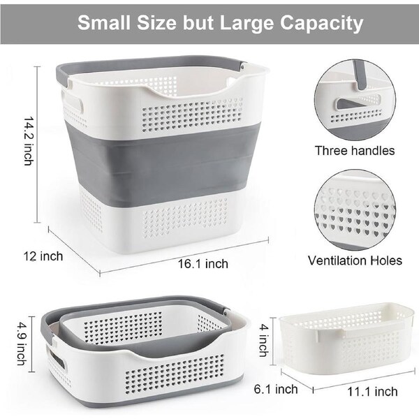 Collapsible Plastic Laundry Basket Set 43L Grey Foldable | Woolworths
