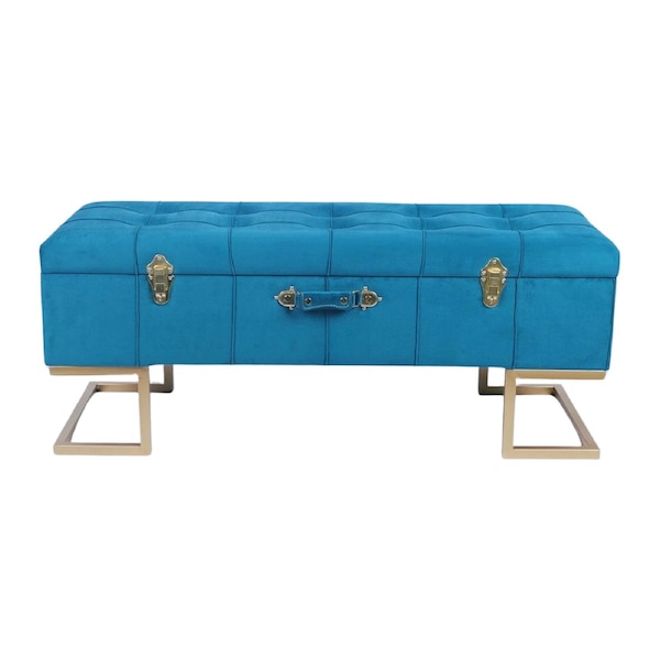 KD Storage Ottoman in Velvet Peacock Blue in gold iron base | Woolworths