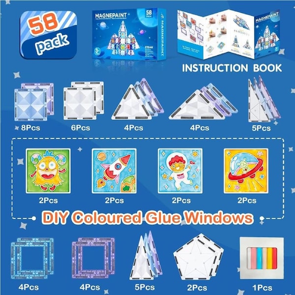 Rocket Magnetic Tiles 58pcs - DIY 3D Spaceship Building Set for Kids ...