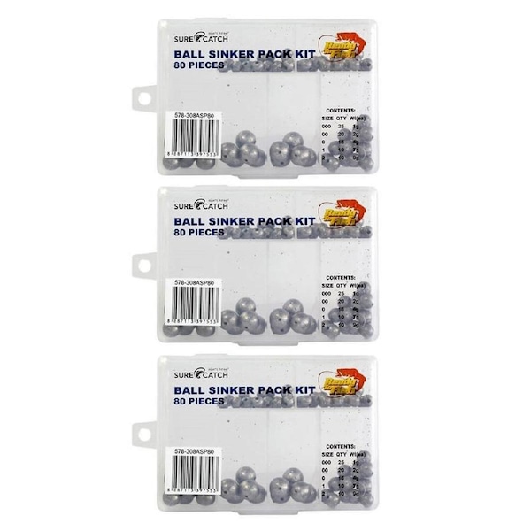 3x 80pc Surecatch Ball Sinkers in Tackle Box Assorted Ball Sinker Pack ...