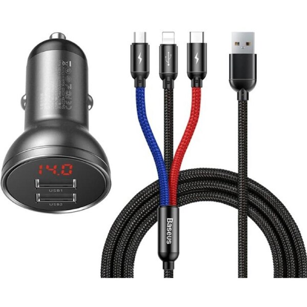 Baseus Car Charger & Phone Cable Digital Display Dual USB with 3-in-1 ...