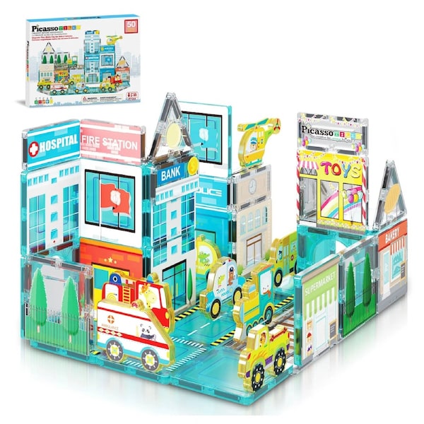 PicassoTiles Magnetic Tile Metro City Building Set 50 Pieces | Woolworths