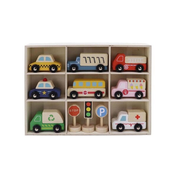 Kaper Kidz Wooden Cars Transportation Box & Street Signs Kids Toy Set ...