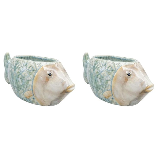 2PK Urban Ceramic Reef Fish Outdoor Garden Planter Pot 20x8cm Blue ...