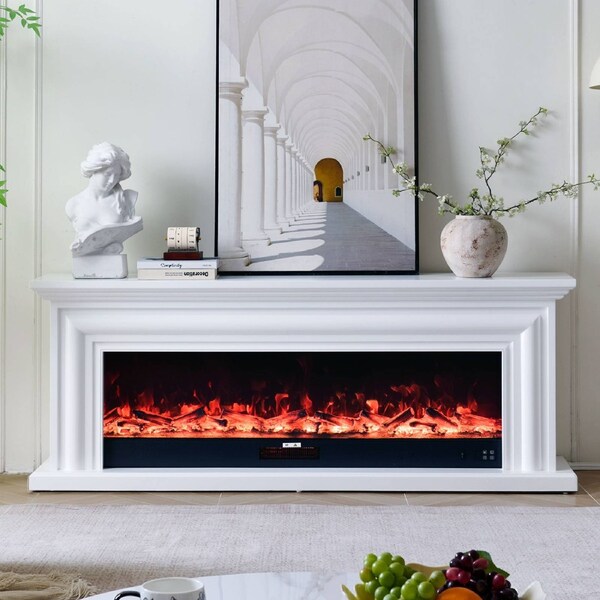 Verona 60" Wide Electric Fireplace Heater White Mantel Suite ...