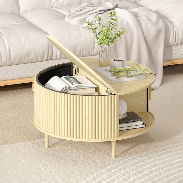 Advwin 80cm Round Coffee Table Fluted Center Table w/ Sliding Door ...