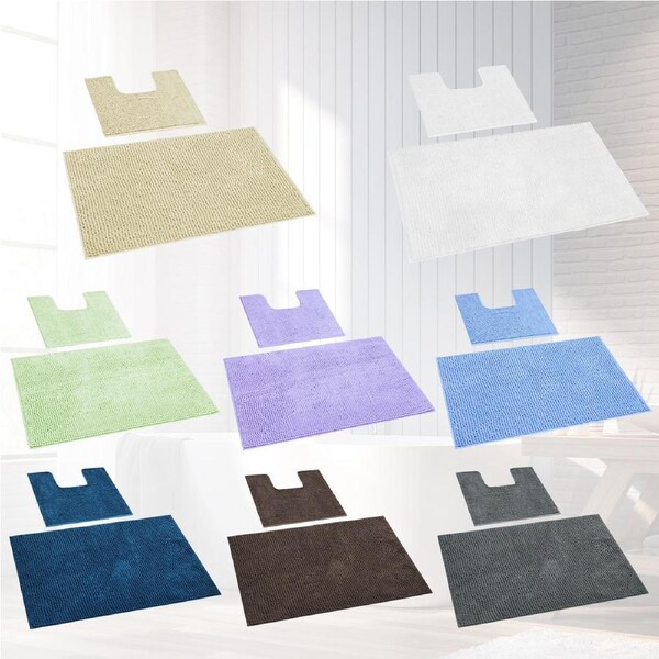 LINENOVA 2PCS Chenille Bath Mat Toilet Root Mat Set Water Absorbent Non ...