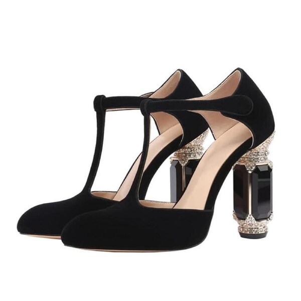 Nevenka Women Suede High Heels Unique Gemstone Chunky Block Sandals ...