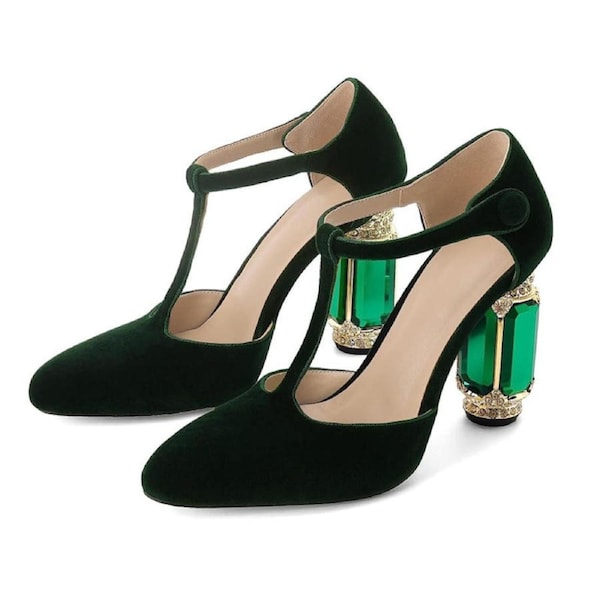Nevenka Women Suede High Heels Unique Gemstone Chunky Block Sandals ...
