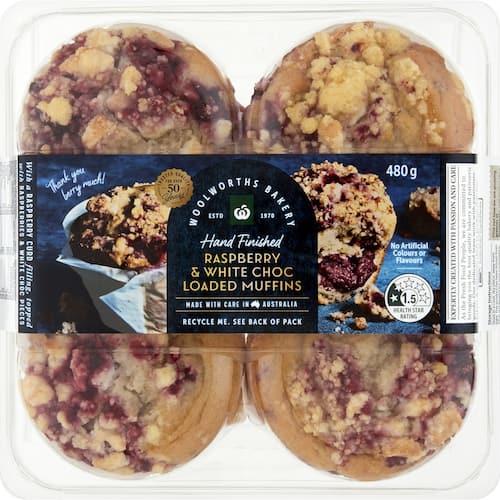 Woolworths Raspberry & White Choc Loaded Muffins 4 Pack | bunch