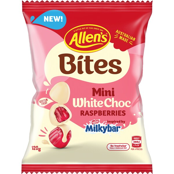 Allen's Bites Mini White Choc Raspberries 120g | Woolworths