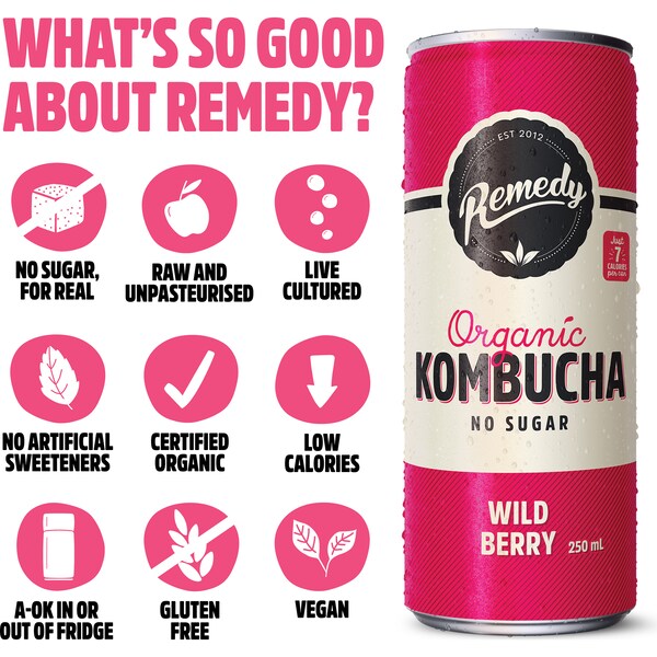 Remedy Organic Kombucha Wild Berry 250ml X4 Pack | Woolworths