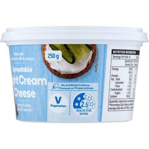 Woolworths Spreadable Light Cream Cheese 250g | bunch