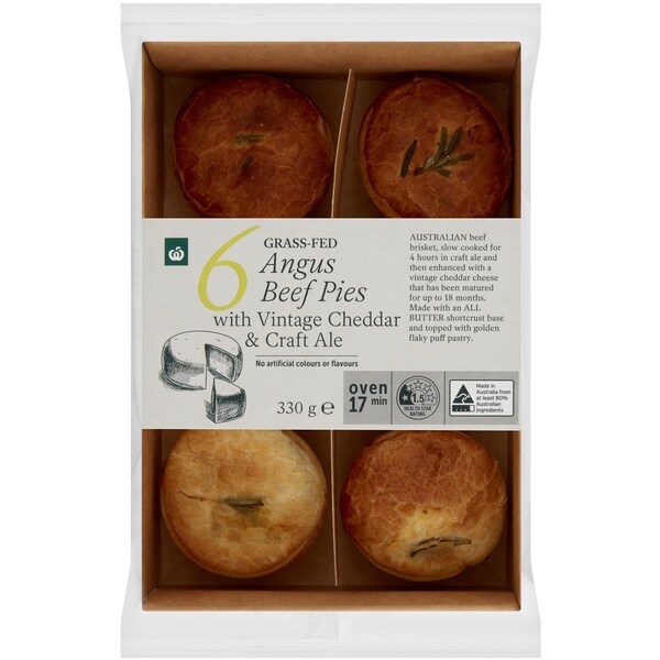 Woolworths Grass-Fed Angus Beef Pies With Cheddar & Ale 6 Pack | Woolworths