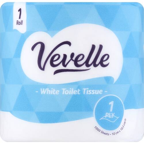 Vevelle White Toilet Tissue Paper 1 Ply 1000 Sheets Each | bunch