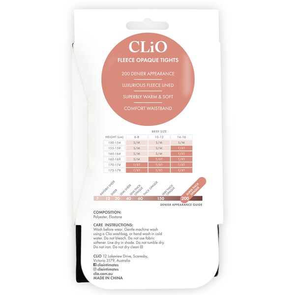 Clio Fleece Opaque Tights Comfort Band 200d Black Tall - Xtall Each ...