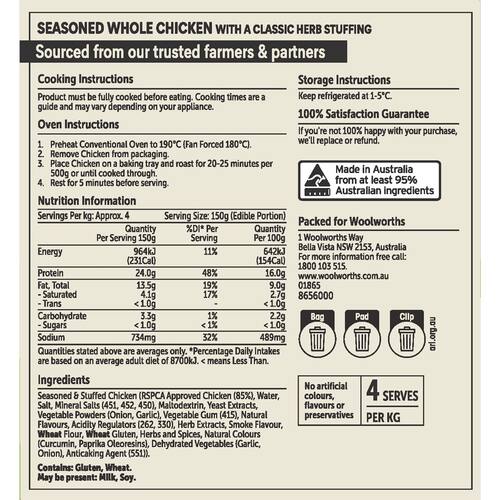 Woolworths RSPCA Approved Chicken Whole Seasoned & Marinated 1.35kg - 2 ...