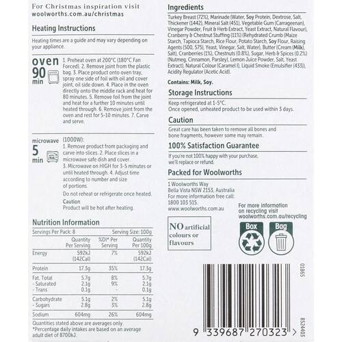 Woolworths Oven Roast Turkey Breast With Cranberry & Chestnut Stuffing ...