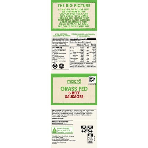 Macro Grass Fed Australian Beef Sausage 500g | bunch