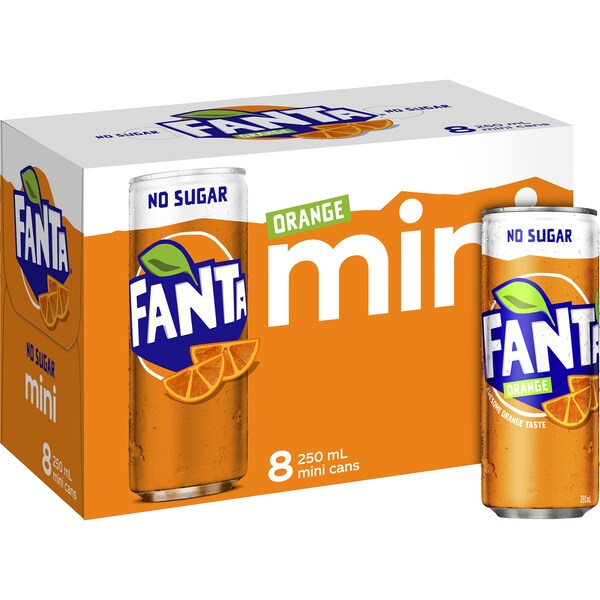 Fanta Orange No Sugar Soft Drink Multipack Mini Cans 8 x250ml | Woolworths