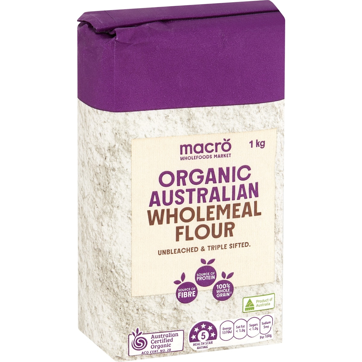 Macro Organic Australian Wholemeal Plain Flour Unbleached 1kg | bunch