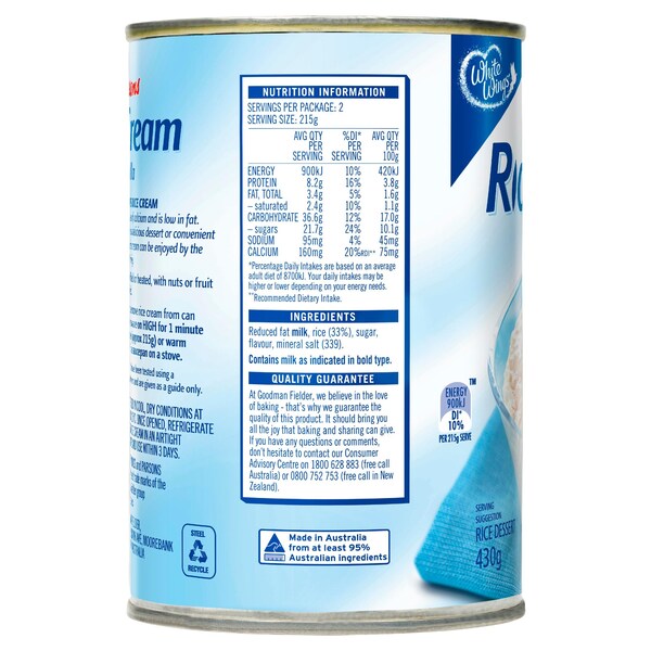 White Wings Parsons Vanilla Creamed Rice 98% Fat Free 430g | Woolworths