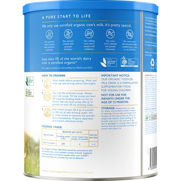 Bellamy's Organic Toddler Baby Formula Stage 3 900g | Woolworths