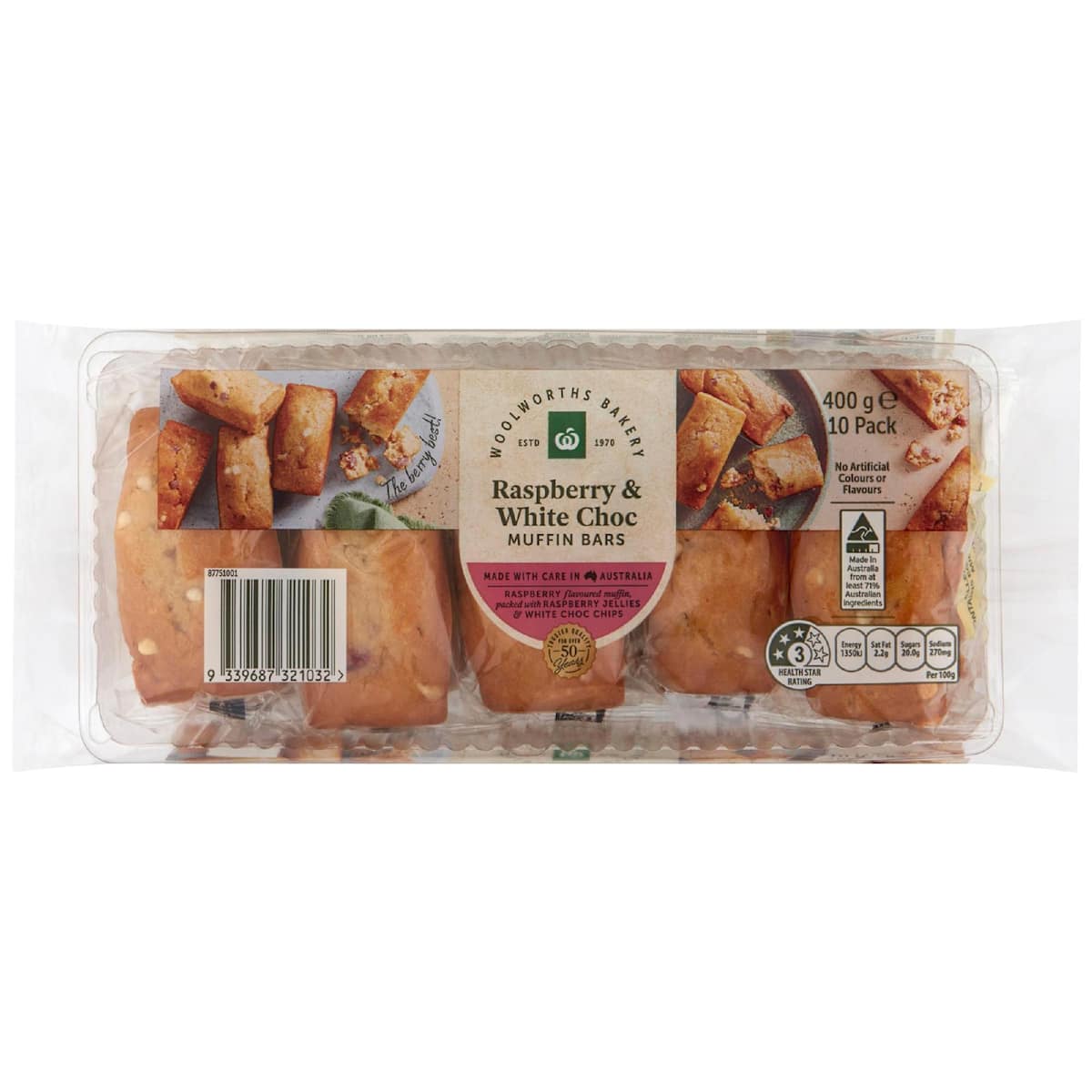 Woolworths Raspberry & White Chocolate Muffin Bar 10 Pack | bunch