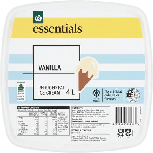 Woolworths Essential Reduced Fat Ice Cream Vanilla 4L | bunch